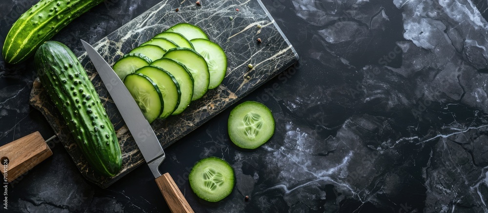 Cutting fresh cucumber on a chop board Sliced cucumber on marble board ...