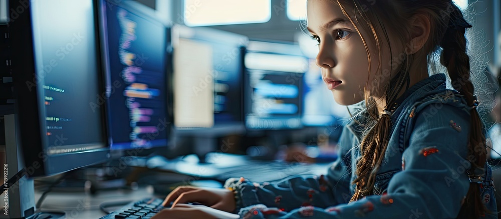 Elementary School Computer Science Classroom Cute Little Girl Uses ...