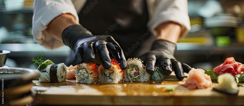 Close up of professional chef s hands in black gloves making sushi and ...
