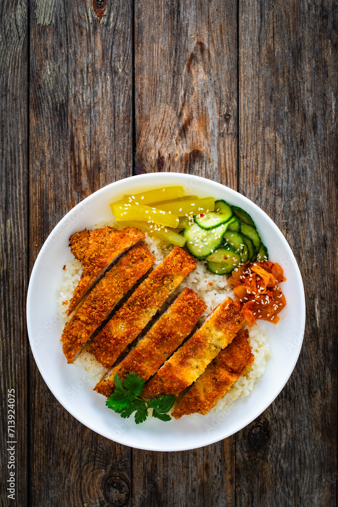 Torikatsu - crispy Japanese chicken cutlet with white rice and ...