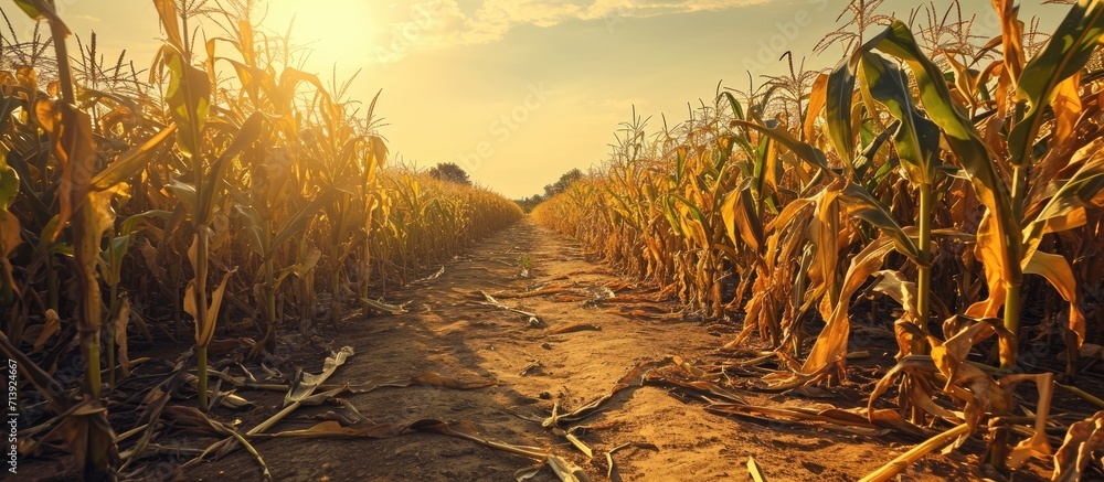 Drought agriculture fields at the end of season corn crop drying and ...