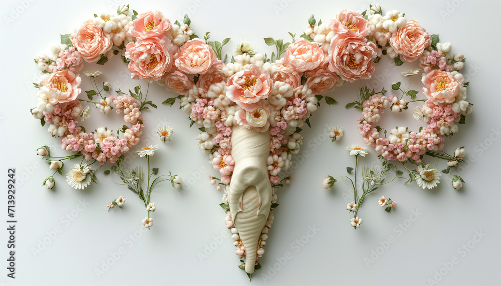 Abstract image of woman uterus made up of pink flowers and leaves ...