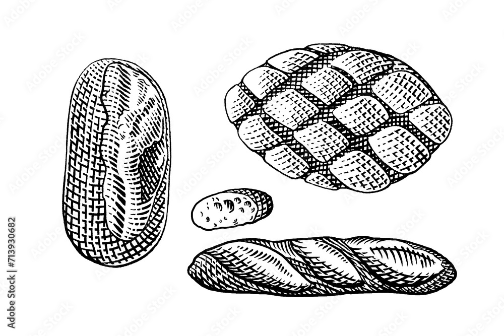 hand drawn vector sketch illustration of fresh bread, bakery, bread ...