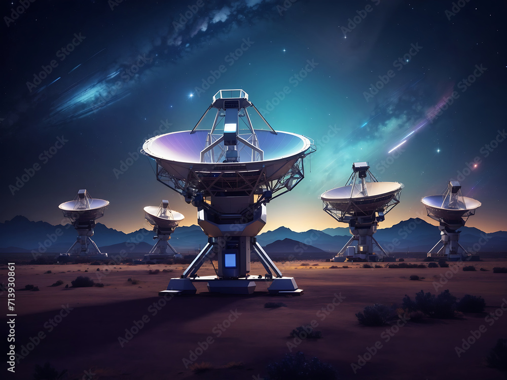 collection Set of Radio telescopes at night with starry nights ...