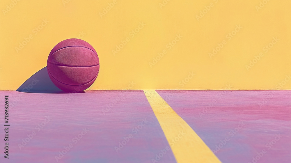 An illustration of a small, lone basketball in a muted lavender shade ...