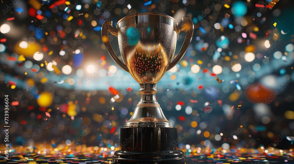 A gleaming gold winners trophy cup takes center stage, surrounded by a ...