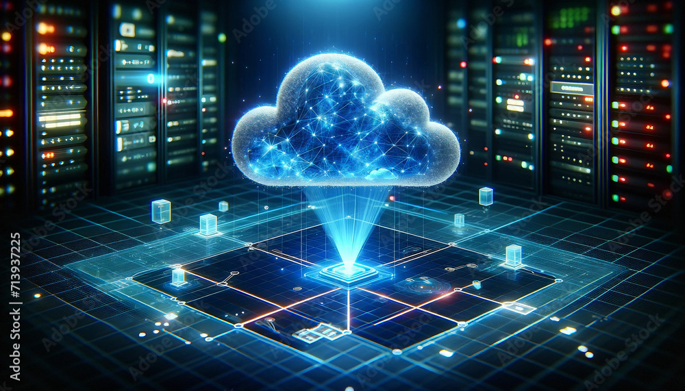 Cloud Computing Concept in Server Room. Digital illustration of cloud ...