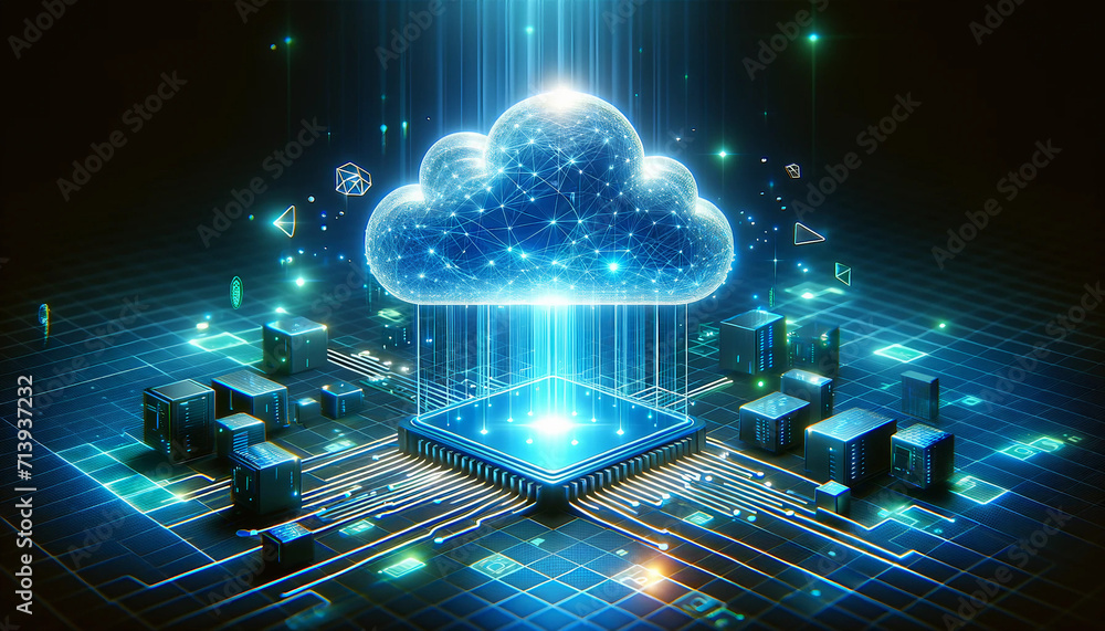 Cloud Computing Concept in Server Room. Digital illustration of cloud ...