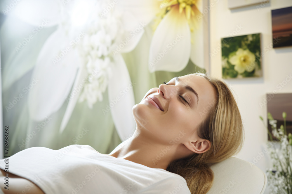 beautiful woman getting a facial massage, in the style of shaped canvas ...