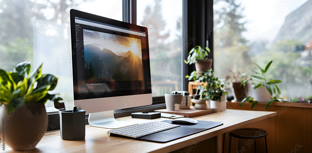 Home office interior with modern desk, computer and plants. Beautiful ...