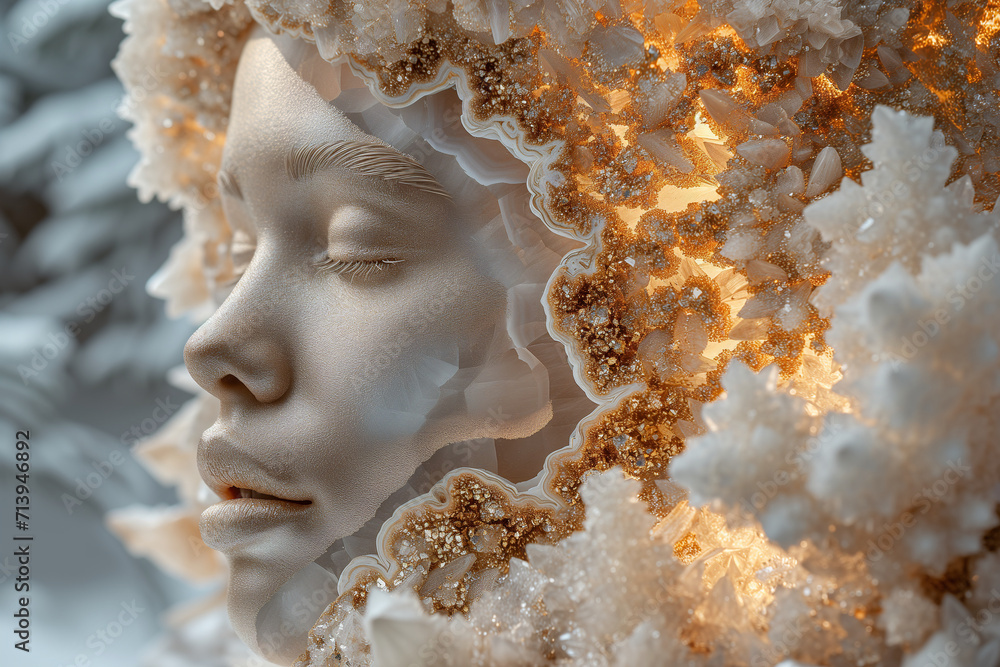 Captivating image a close up woman's face crafted from the of a crystal ...