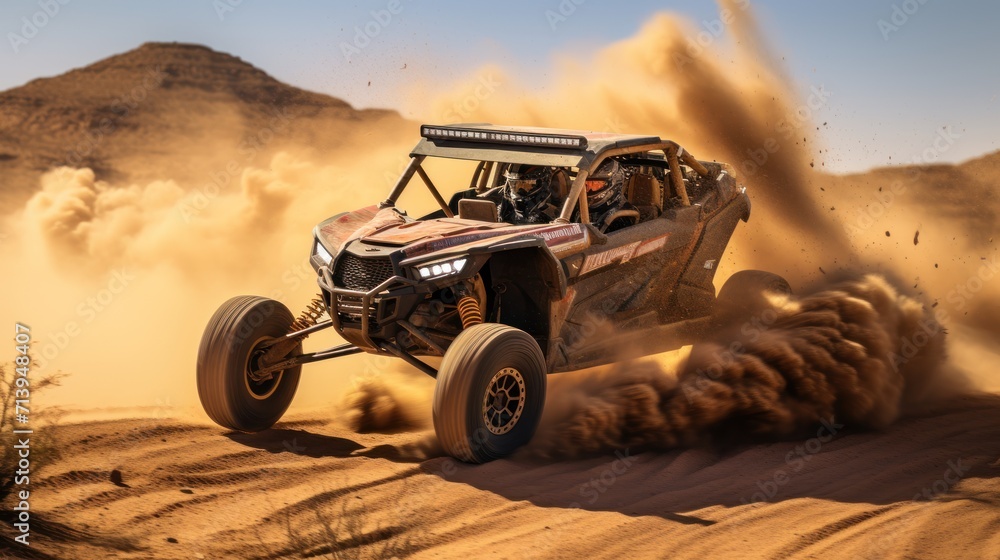 Navigating the sandy terrain, an off-road buggy speeds through the ...