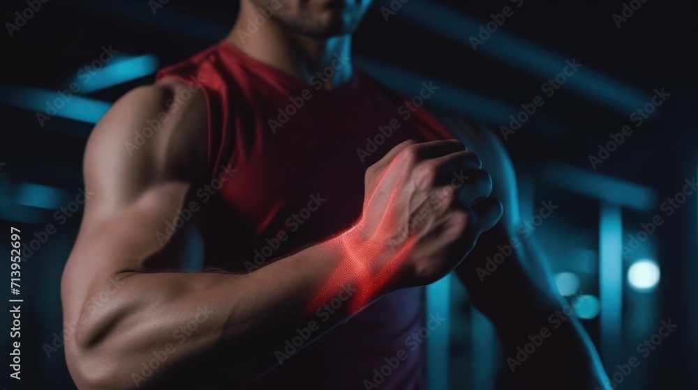 Hand, shoulder pain and injury with the arm of a man in red highlight ...