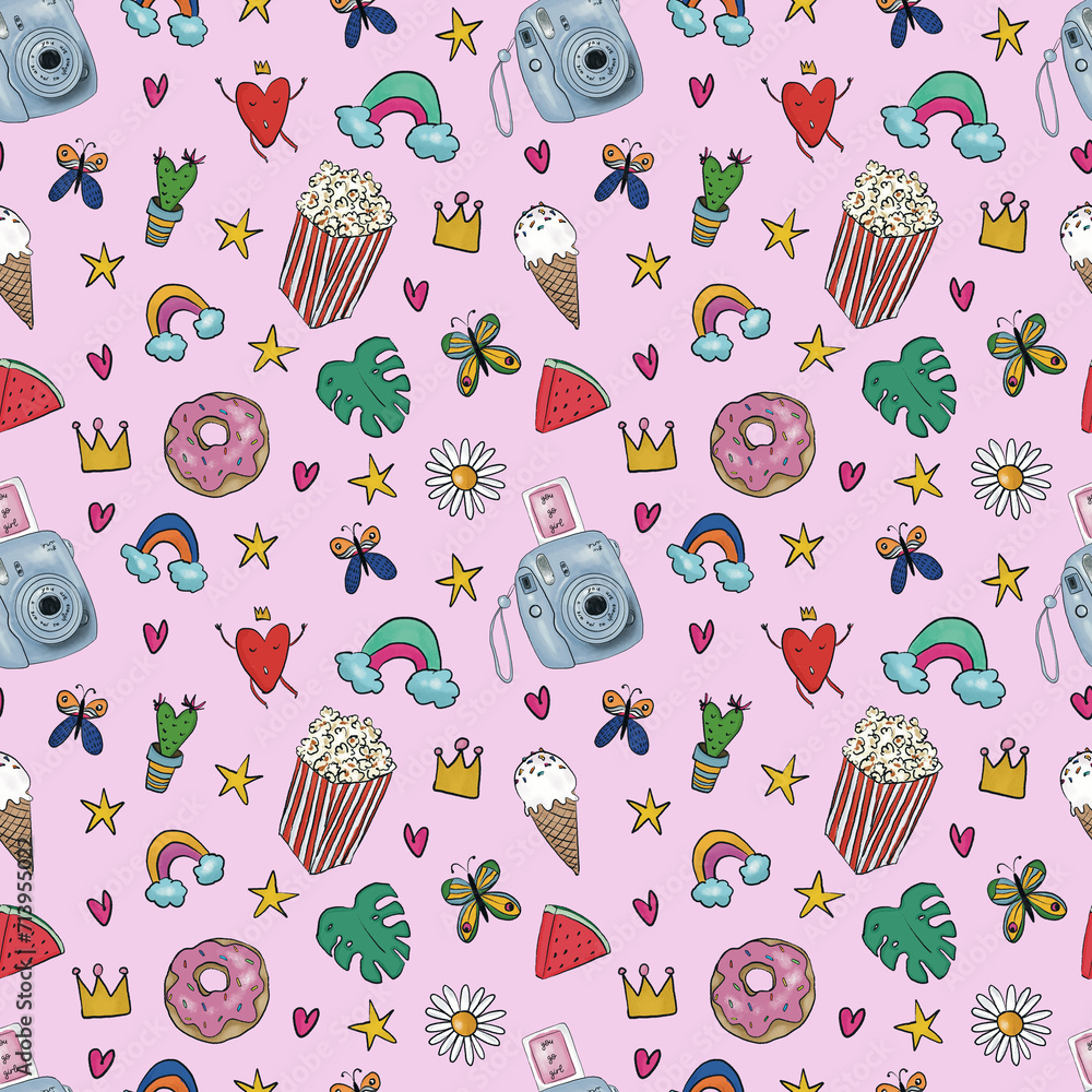 Girl power hand drawn seamless pattern. Cute girly pattern, doodle background about selflove ...