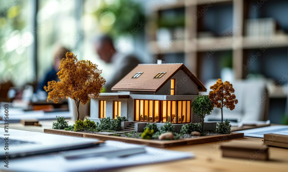 Eco-friendly living conceptualized with a 3D model house on a meeting ...