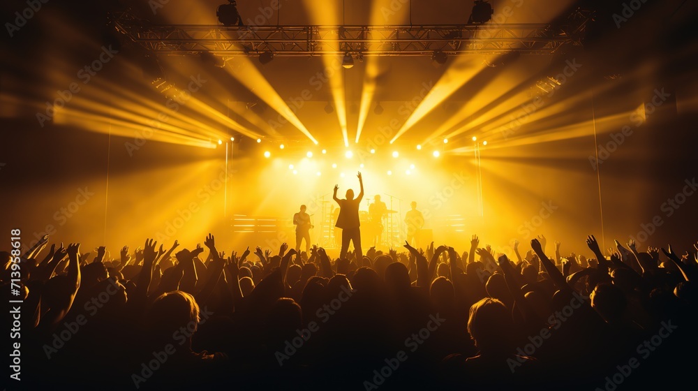 The crowded church worship rally with distance silhouette figure of the ...