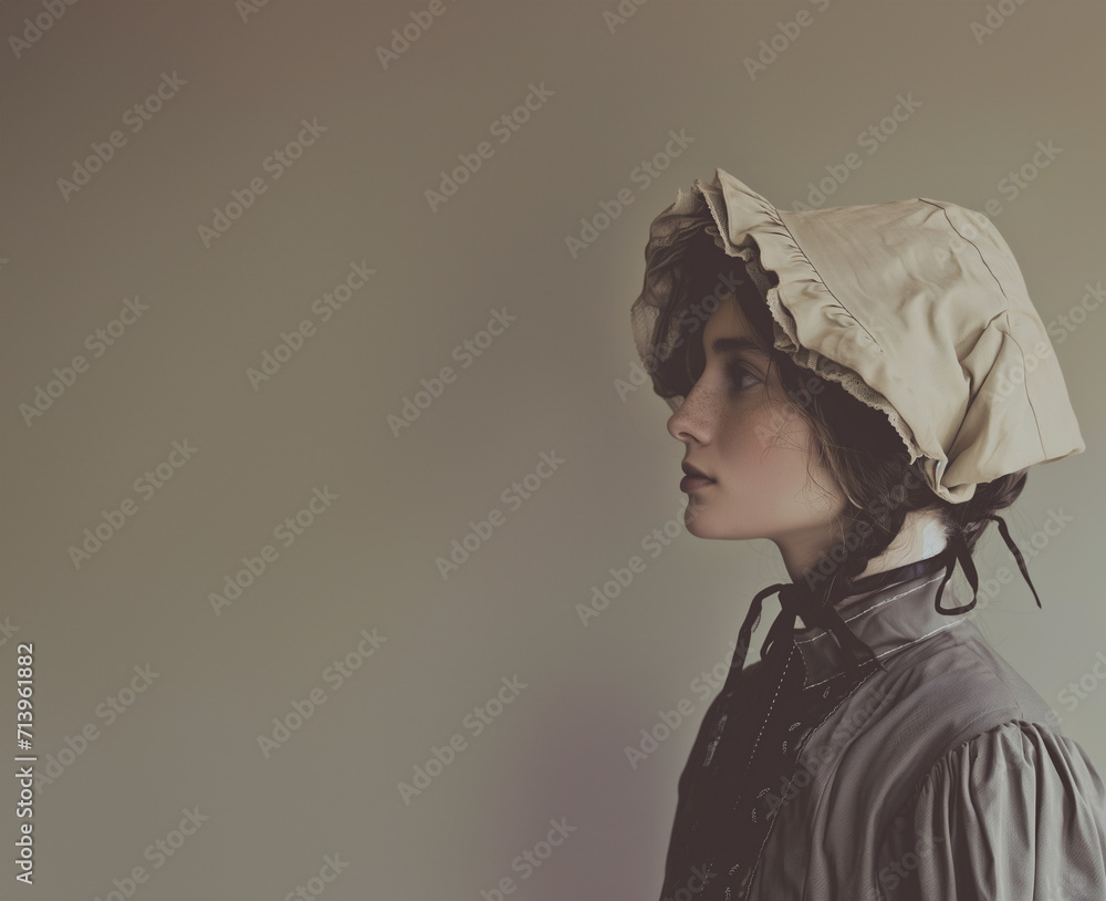 Portrait of a Young Woman in Traditional Bonnet and Period Garb: A ...