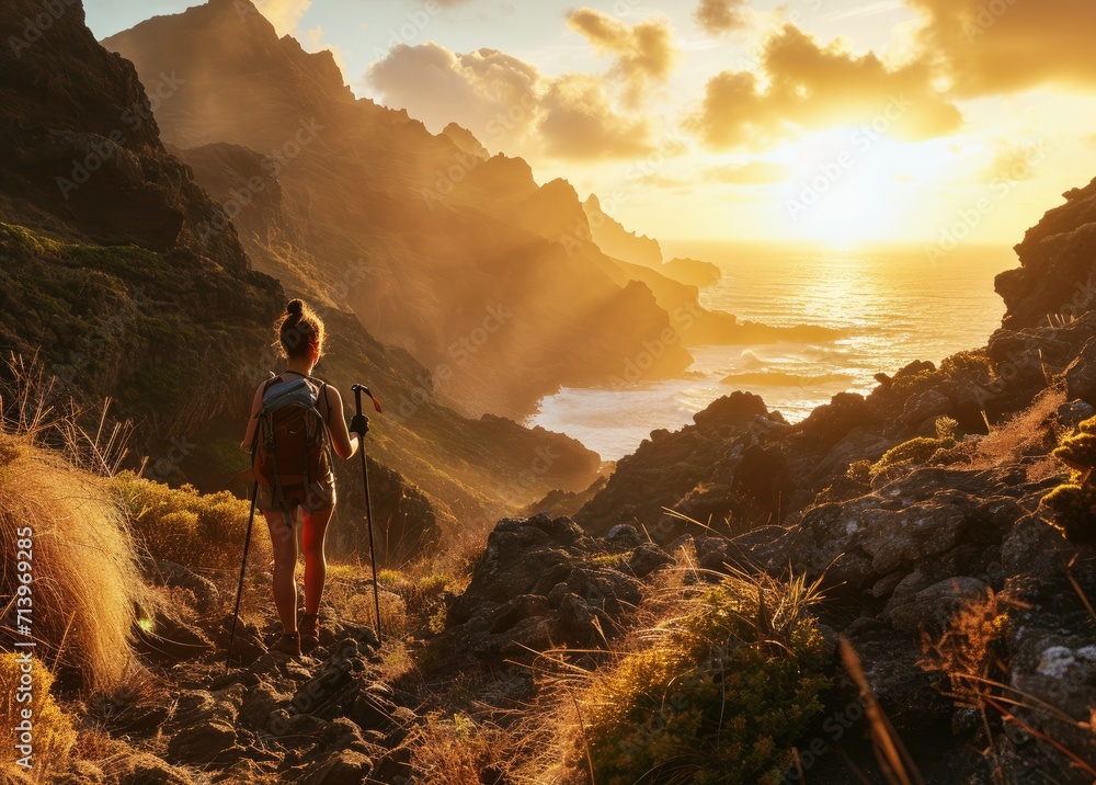 Island Sunset Trek: A Stunning Silhouette of a Woman in Shorts Trekking ...