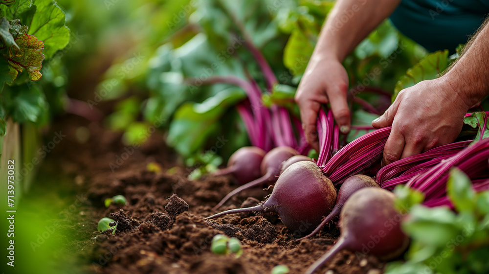 Garden scene with beets being harvested, hands pulling beets from soil ...