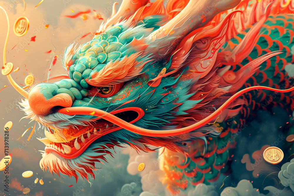 Dynamic Chinese Dragon Cartoon with Fiery Mane. A dynamic cartoon ...