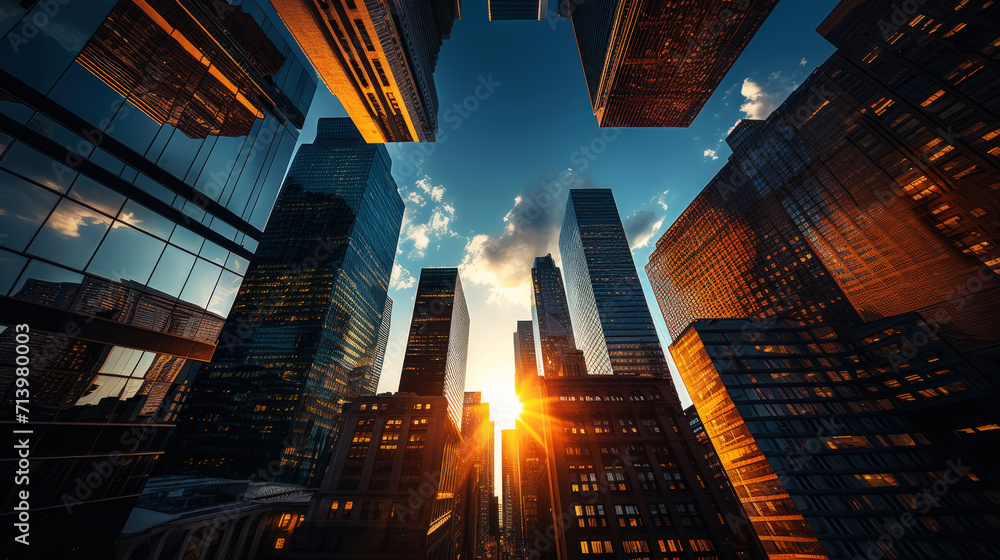 Skyscrapers of megacity at sunset. Business life of a big city. Bottom ...