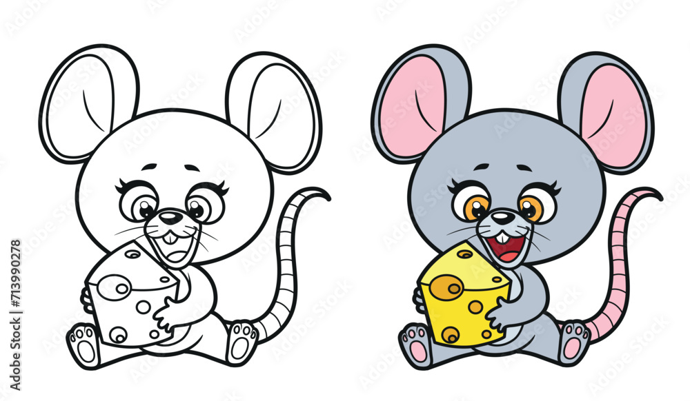 Cute cartoon mouse sit and hold piece of cheese in paws color variation ...