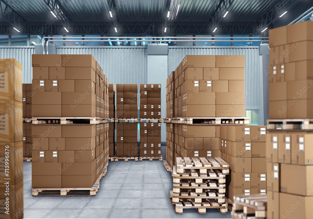 Logistic warehouse. Spacious hangar with boxes. Industrial building ...