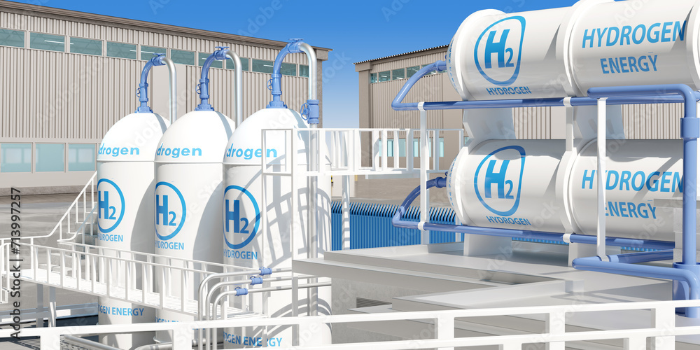 Hydrogen power station. Industrial area on summer day. Electricity for ...