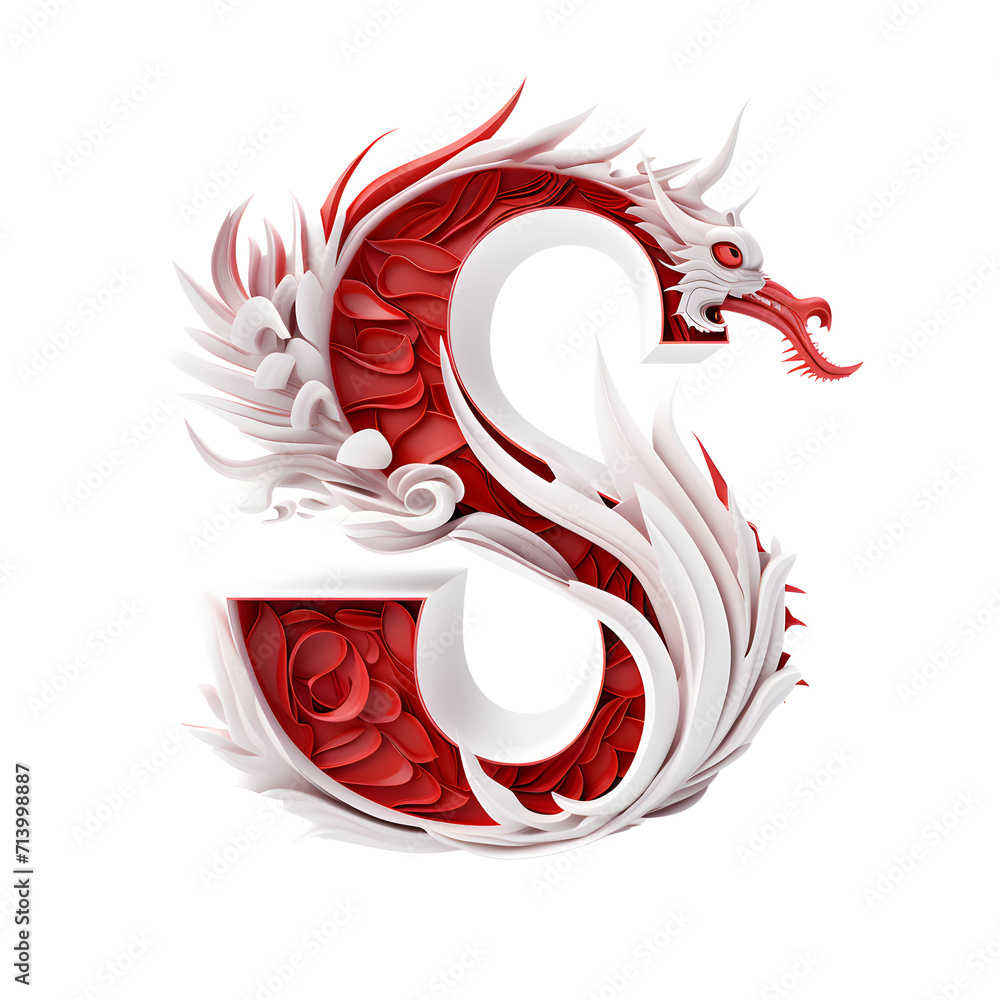 A white "S" letter "DRAGON APHABET", isometric design, with red drawing ...
