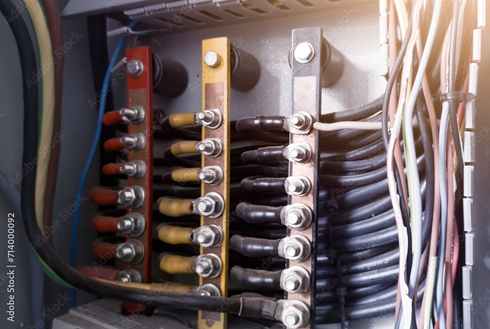Three phase cable point with copper busbar and connection bolt ...