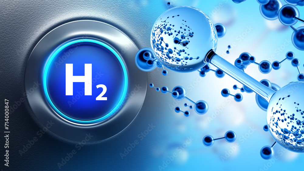 H2 button. Blue scientific molecules. Hydrogen energy. H2 research ...