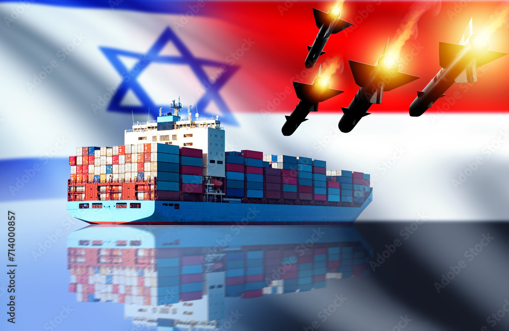 Missile attack on ship. Flags of Israel and Yemen. Assault on ship in ...
