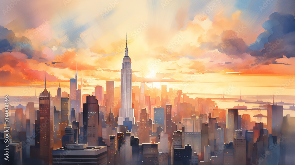 Watercolor painting capturing the iconic skyline of a bustling city at ...