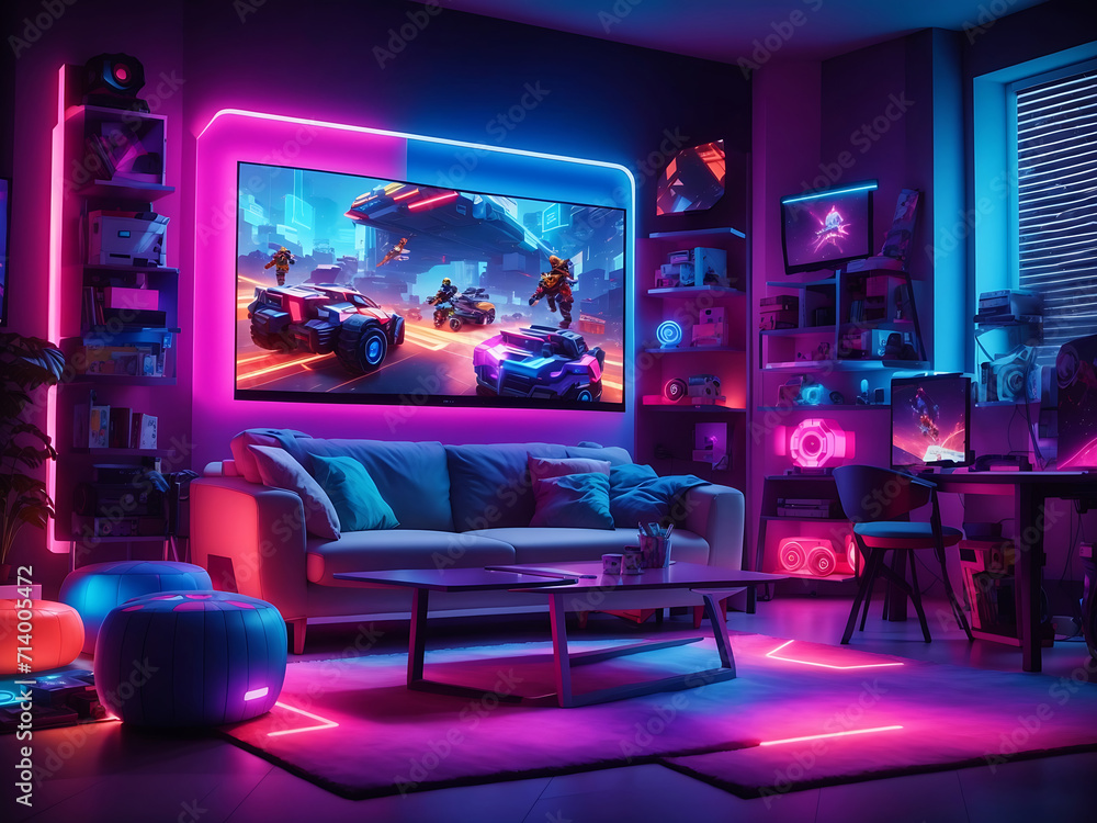 Interior of colourful modern gaming room with neon light. Playing video ...