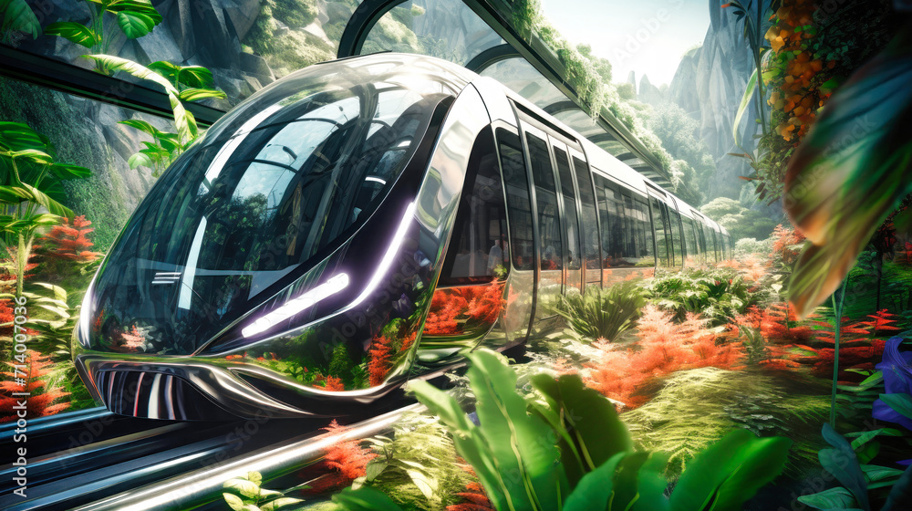 A high-speed train enters a futuristic train station, symbolizing the ...