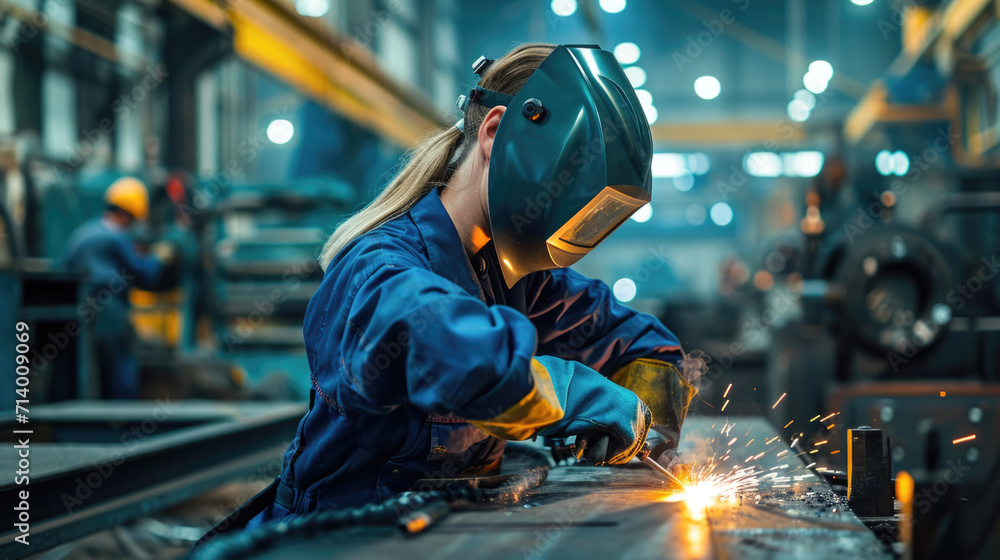 Female Welder at Work in Industrial Environment - Skilled Trades and ...