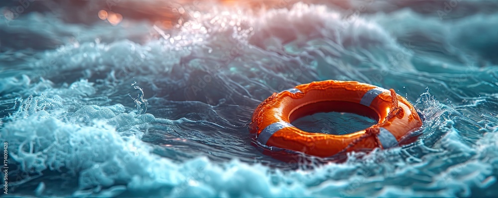 Summer safety at sea with blue water rescue ring floating buoy in ocean ...