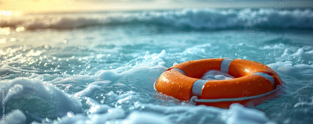 Summer safety at sea with blue water rescue ring floating buoy in ocean ...