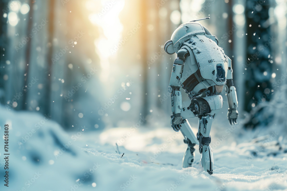 Iced Mech: A Spectacle of a White Metal Robot Roaming Frosty Terrain ...