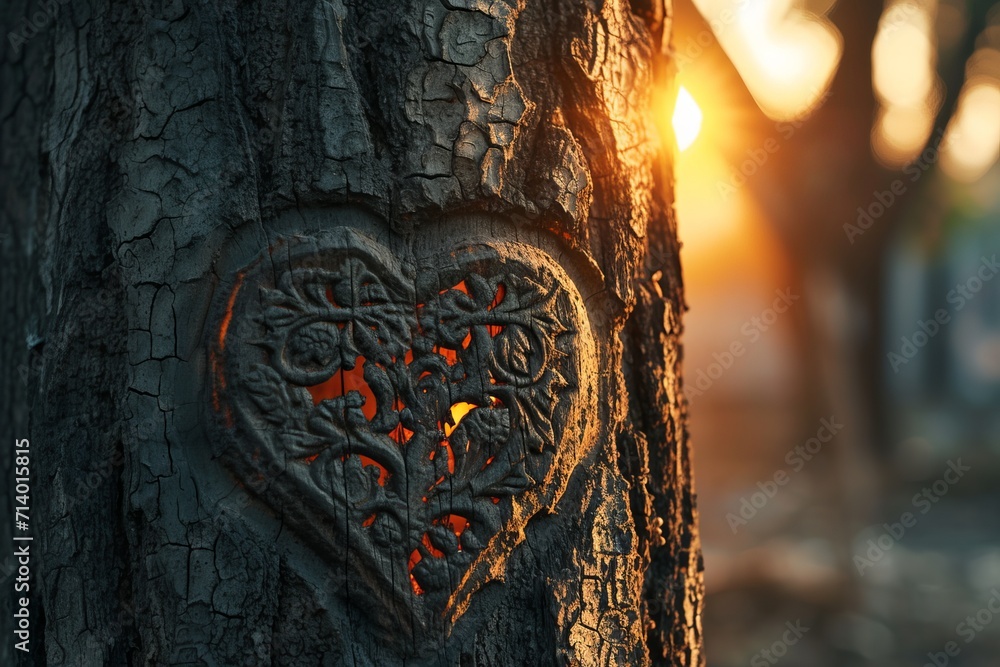 Love symbols carved on a sunlit tree trunk, enduring the test of time ...