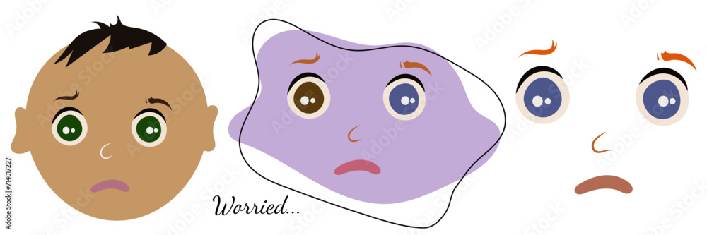 Set of worried emotion. Cartoon boy stressed. Purpol doodle face with ...