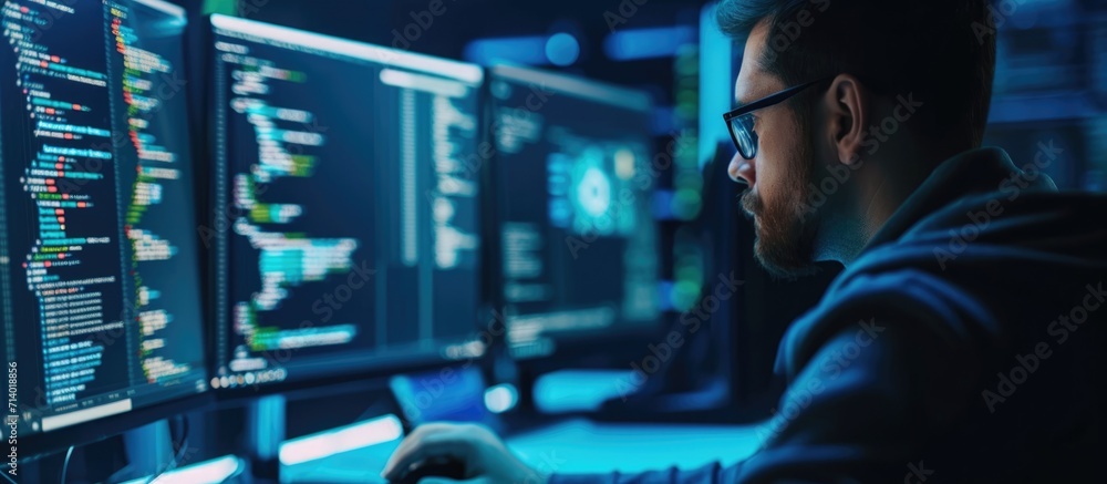 Software developer dealing with a cyber crime attack and computer malfunction. System error ...