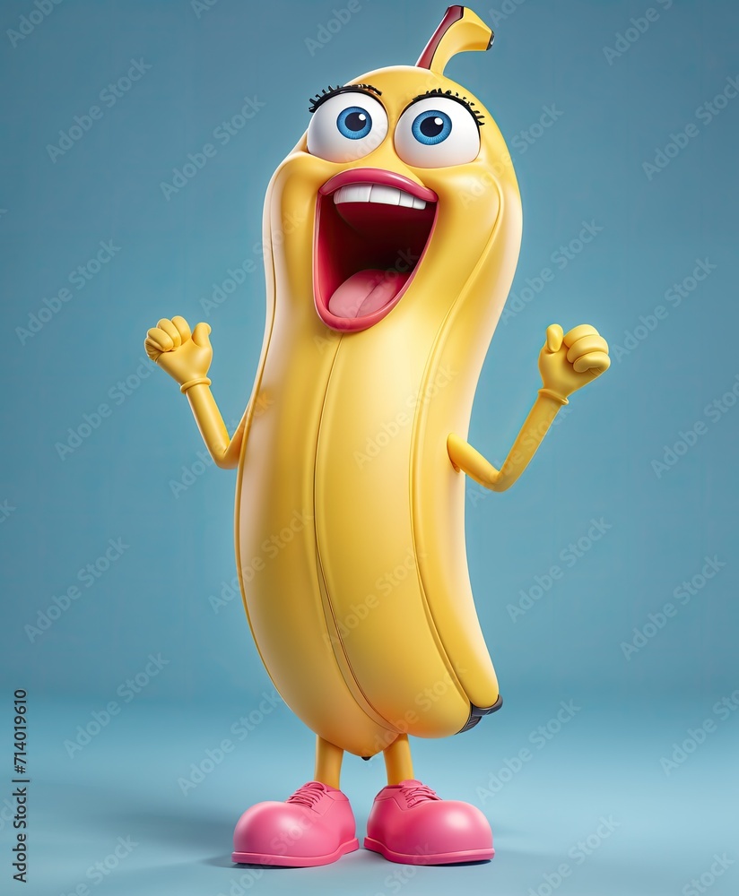 A 3D cartoon banana character with a female face, pink shoes, and a yellow peel. It has blue ...