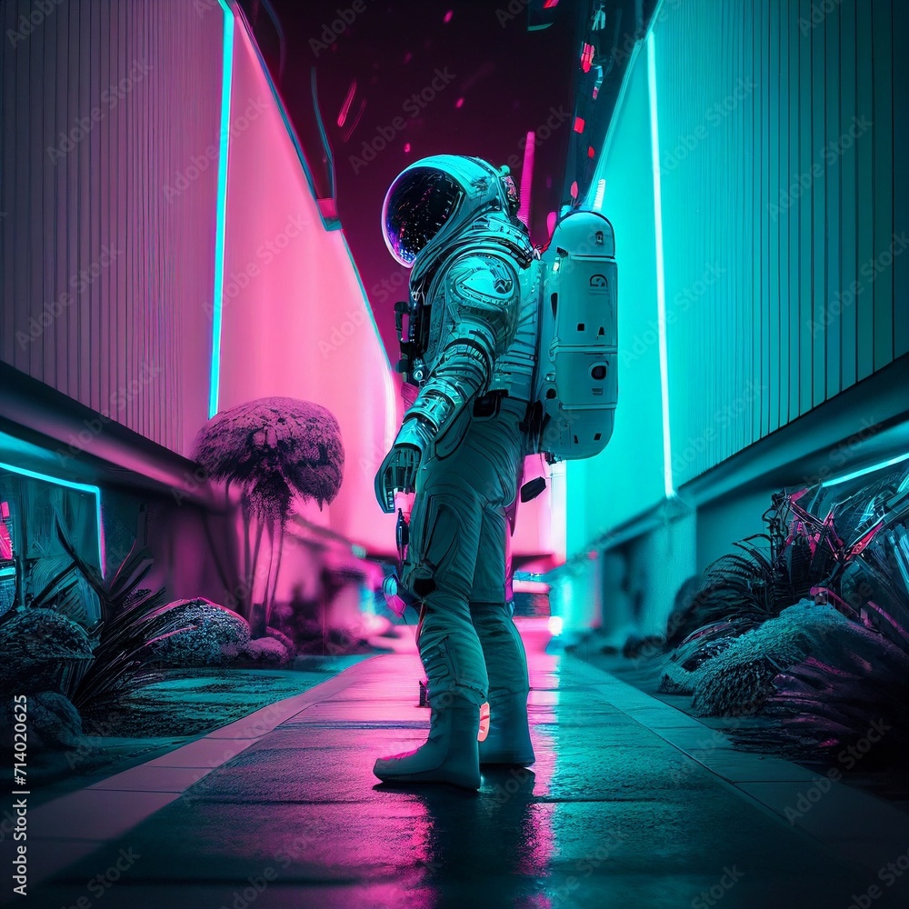 Retro Astronaut White Spacesuit with Red and Blue Moody 80s lighting 3 ...