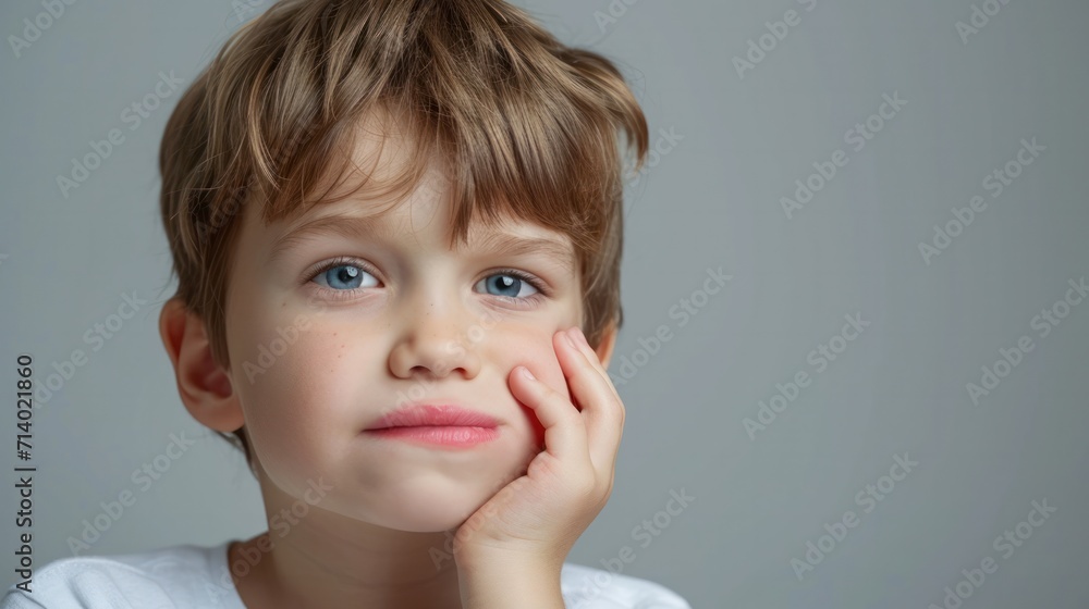 little boy presses hand to cheek, suffers from pain in tooth isolated ...