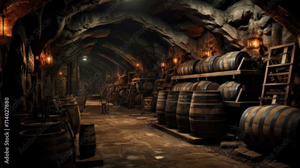 Old wooden barrels in wine cellar of winery, perspective of vintage oak ...