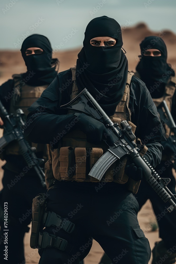 Vertical photo of a modern squad of Islamic warriors with weapons in a ...