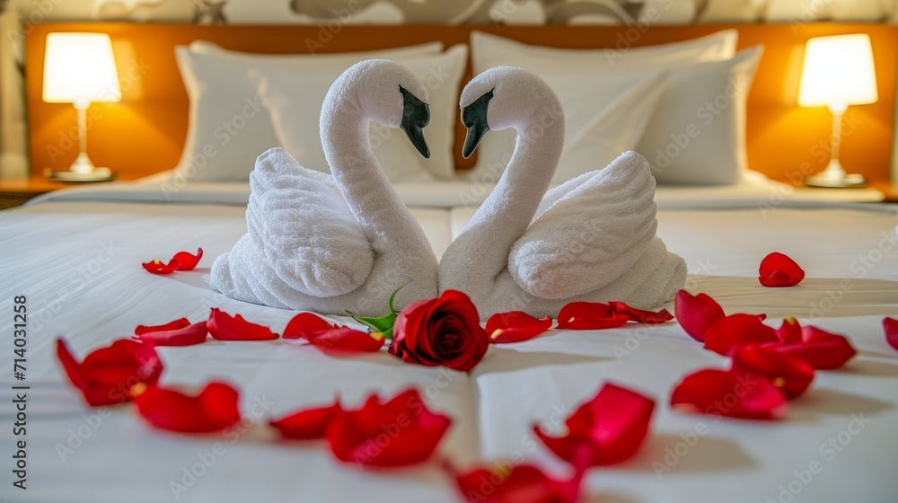 White two towel swans and red rose on the bed in Honey moon suit ...