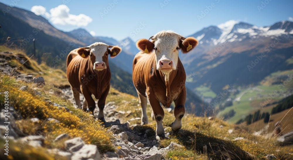 Amidst the rugged wilderness, a herd of majestic dairy cows traverse ...