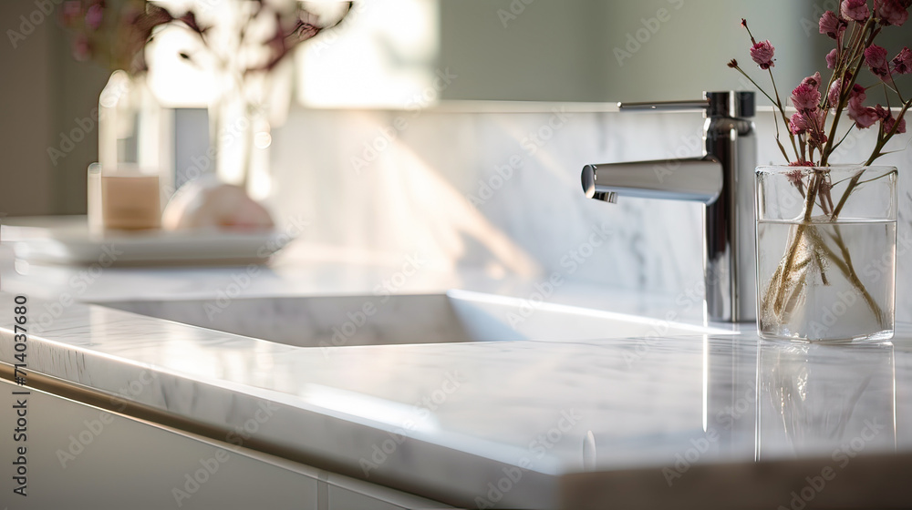close up of blank empty space on white marble vanity unit counter top ...